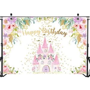 Mocsicka Pink Castle Birthday Backdrop Princess Floral Birthday Party Decorations Photo Backdrops Gold Dots Sweet Girl's Bday Photography Background (7x5ft)