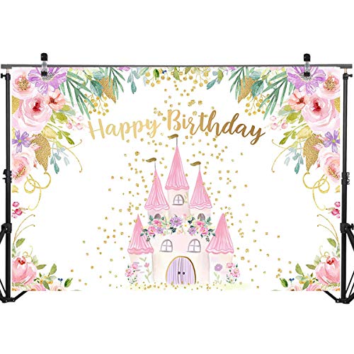 Mocsicka Pink Castle Birthday Backdrop Princess Floral Birthday Party Decorations Photo Backdrops Gold Dots Sweet Girl's Bday Photography Background (7x5ft)