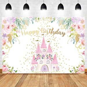 Mocsicka Pink Castle Birthday Backdrop Princess Floral Birthday Party Decorations Photo Backdrops Gold Dots Sweet Girl's Bday Photography Background (7x5ft)