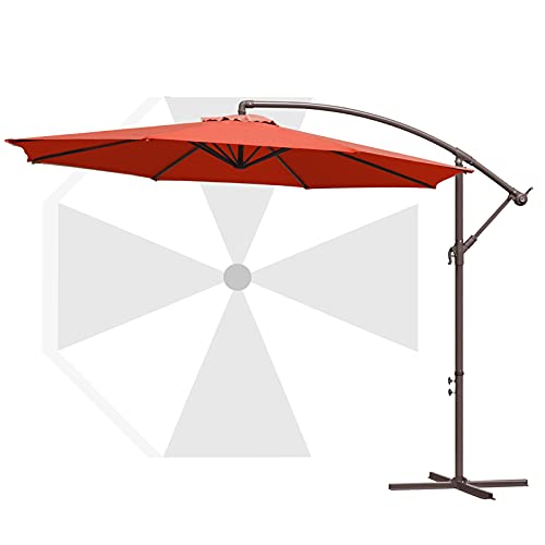 Jardin-Monde 10ft Offset Hanging Patio Umbrella, Outdoor Deck Cantilever Umbrella for Backyard, Garden, Poolside, Lawn, Crank Lift & Cross Base, 8 Ribs, Easy Tilt Adjustment-RED