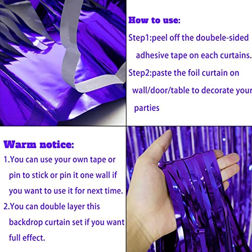 HalloweenDecorate 4 Pack Purple Foil Fringe Curtain Backdrop, 3.28Ft x 8.2Ft Metallic Tinsel Foil Fringe Streamer for Party, Photo Booth Props, Birthday, 2022 Graduation Decoration Party Supplies