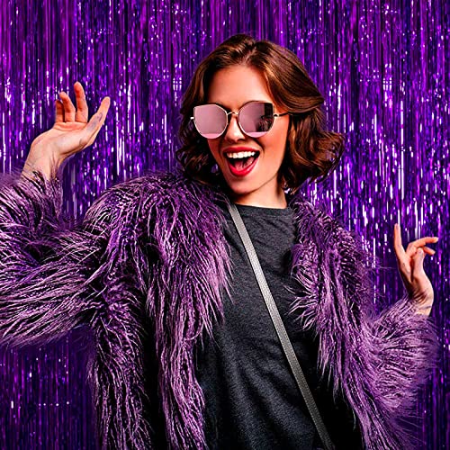 HalloweenDecorate 4 Pack Purple Foil Fringe Curtain Backdrop, 3.28Ft x 8.2Ft Metallic Tinsel Foil Fringe Streamer for Party, Photo Booth Props, Birthday, 2022 Graduation Decoration Party Supplies