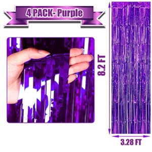 HalloweenDecorate 4 Pack Purple Foil Fringe Curtain Backdrop, 3.28Ft x 8.2Ft Metallic Tinsel Foil Fringe Streamer for Party, Photo Booth Props, Birthday, 2022 Graduation Decoration Party Supplies