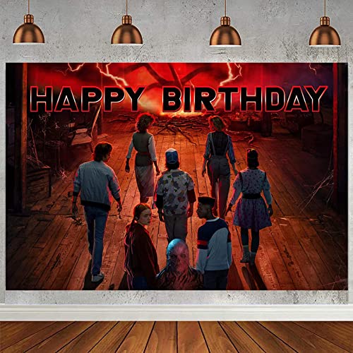 Stranger Happy Birthday Backdrop Banner, 5x3FT Stranger Party Supplies Movie Themd Birthday Party Decorations Party Supplies For Kids Boys Girls Party