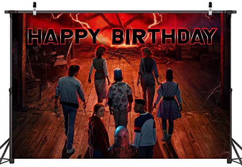 Stranger Happy Birthday Backdrop Banner, 5x3FT Stranger Party Supplies Movie Themd Birthday Party Decorations Party Supplies For Kids Boys Girls Party