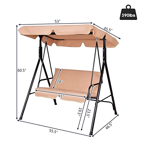 SILKYDRY 2-Person Outdoor Patio Swing Chair, Adjustable Canopy Porch Swing w/Powder Coated Steel Frame & Padded Cushion Seat, Loveseat Lounge Swing for Patio, Garden, Balcony & Backyard(Brown)