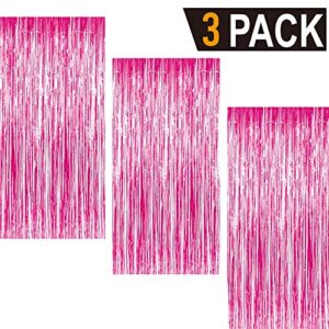 GOER 3.2 ft x 9.8 ft Metallic Tinsel Foil Fringe Curtains Party Photo Backdrop Party Streamers for Galentines Day,Birthday,Graduation,New Year Eve Decorations Wedding Decor (3 Pcs, Hot Pink)