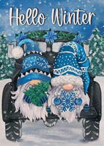 covido home decorative hello winter blue gnome garden flag, black truck yard outside decorations, pickup outdoor small decor double sided 12×18