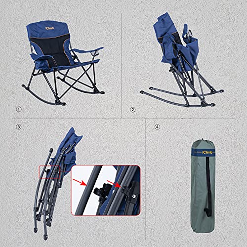 iClimb Padded Folding Rocking Chair Heavy Duty Camping Patio Porch Backyard Lawn Garden Balcony Rocker Indoor Outdoor with Carry Bag