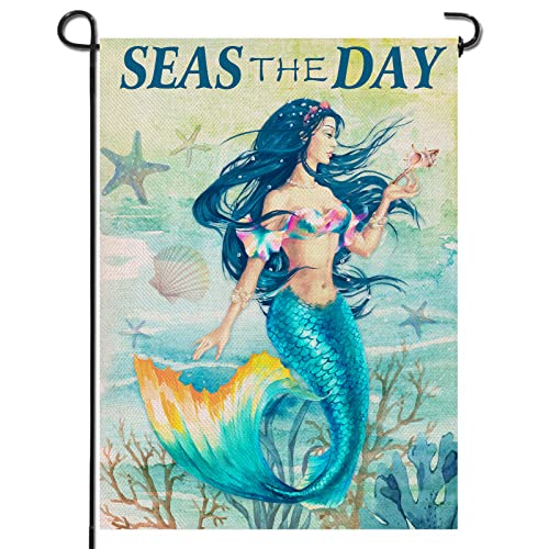 Artofy Seas the Day Spring Mermaid Nautical Home Decorative Garden Flag, Coastal House Yard Shell Starfish Coral Conch Outside Decor, Summer Beach Tropical Outdoor Small Decoration Double Sided 12x18