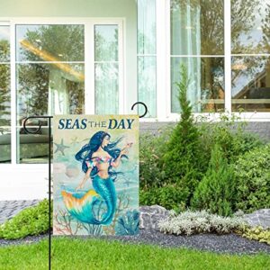 Artofy Seas the Day Spring Mermaid Nautical Home Decorative Garden Flag, Coastal House Yard Shell Starfish Coral Conch Outside Decor, Summer Beach Tropical Outdoor Small Decoration Double Sided 12x18