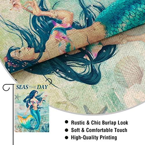 Artofy Seas the Day Spring Mermaid Nautical Home Decorative Garden Flag, Coastal House Yard Shell Starfish Coral Conch Outside Decor, Summer Beach Tropical Outdoor Small Decoration Double Sided 12x18