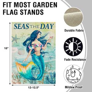 Artofy Seas the Day Spring Mermaid Nautical Home Decorative Garden Flag, Coastal House Yard Shell Starfish Coral Conch Outside Decor, Summer Beach Tropical Outdoor Small Decoration Double Sided 12x18