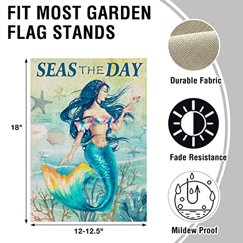 Artofy Seas the Day Spring Mermaid Nautical Home Decorative Garden Flag, Coastal House Yard Shell Starfish Coral Conch Outside Decor, Summer Beach Tropical Outdoor Small Decoration Double Sided 12x18