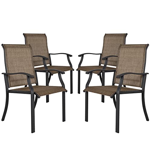 Nuu Garden Dining Chairs Set of 4, Indoor Outdoor Patio Chairs with Arms, Iron Frame and Textilene Sling Chairs for Lawn, Garden, Backyard, Porch, Brown