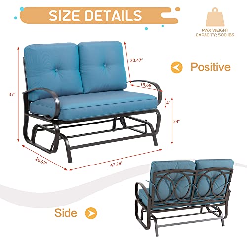 JY QAQA Outdoor Patio Metal Glider Rocking Bench, Garden Porch Furniture Glider, Wrought Iron Chair Set with Cushion, Blue