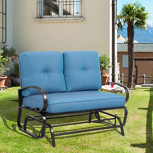 JY QAQA Outdoor Patio Metal Glider Rocking Bench, Garden Porch Furniture Glider, Wrought Iron Chair Set with Cushion, Blue