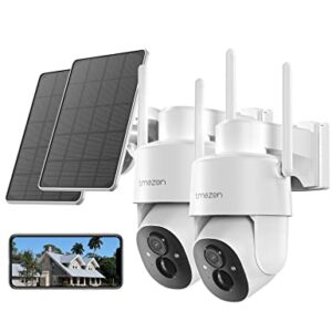 TMEZON 2 Pack Wireless Security Camera Outdoor, 2K Security Camera Wireless Solar Powered, PTZ WiFi Control