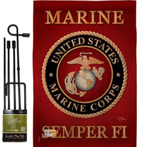 Marine Corps Burlap Garden Flag Set with Stand Armed Forces USMC Semper Fi United State American Military Veteran Retire Official Small Gift Yard House Banner Double-Sided Made In USA 13 X 18.5