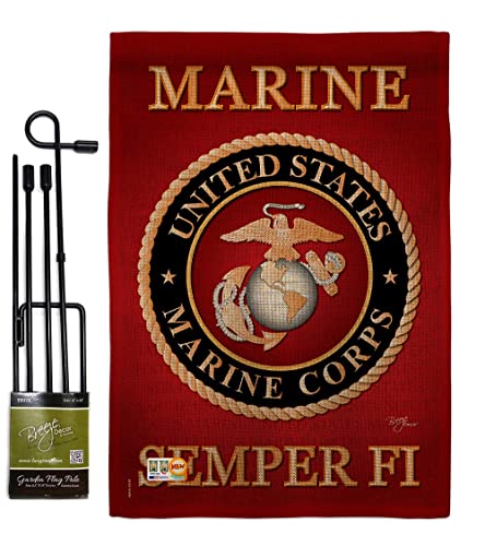 Marine Corps Burlap Garden Flag Set with Stand Armed Forces USMC Semper Fi United State American Military Veteran Retire Official Small Gift Yard House Banner Double-Sided Made In USA 13 X 18.5