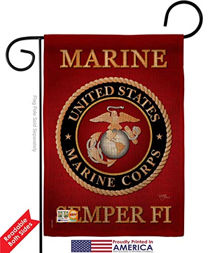 Marine Corps Burlap Garden Flag Set with Stand Armed Forces USMC Semper Fi United State American Military Veteran Retire Official Small Gift Yard House Banner Double-Sided Made In USA 13 X 18.5