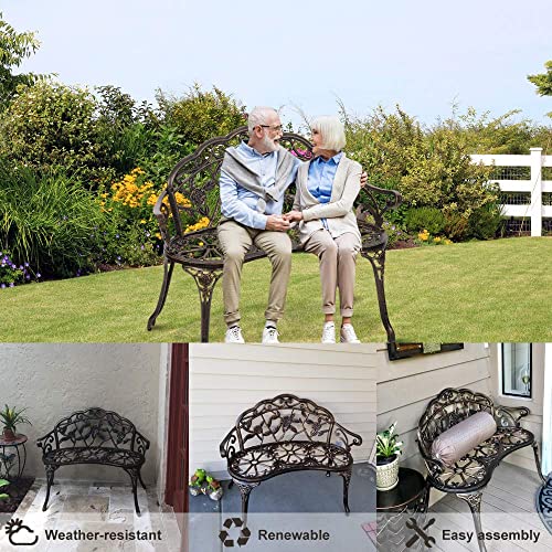 Patio Park Metal Bench Outdoor Garden Bench Romantic Rose Bronze Porch Chair, Antique Finish Carving Design Outside Patio Furniture Bronze Park Bench for Park Yard Lawn Deck