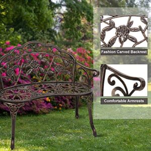 Patio Park Metal Bench Outdoor Garden Bench Romantic Rose Bronze Porch Chair, Antique Finish Carving Design Outside Patio Furniture Bronze Park Bench for Park Yard Lawn Deck