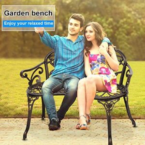 Patio Park Metal Bench Outdoor Garden Bench Romantic Rose Bronze Porch Chair, Antique Finish Carving Design Outside Patio Furniture Bronze Park Bench for Park Yard Lawn Deck