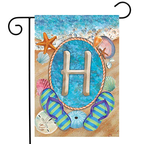 Summer Monogram Letter H Garden Flag Flip Flops Seashells 12.5" x 18"