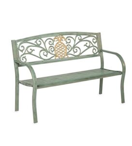 plow & hearth weatherproof pineapple outdoor bench | holds up to 300 lbs | garden patio porch park deck | metal | green