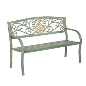 Plow & Hearth Weatherproof Pineapple Outdoor Bench | Holds Up to 300 lbs | Garden Patio Porch Park Deck | Metal | Green