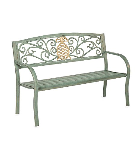 Plow & Hearth Weatherproof Pineapple Outdoor Bench | Holds Up to 300 lbs | Garden Patio Porch Park Deck | Metal | Green