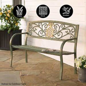 Plow & Hearth Weatherproof Pineapple Outdoor Bench | Holds Up to 300 lbs | Garden Patio Porch Park Deck | Metal | Green