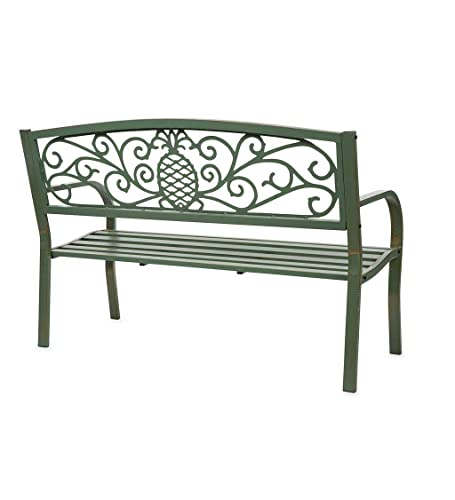 Plow & Hearth Weatherproof Pineapple Outdoor Bench | Holds Up to 300 lbs | Garden Patio Porch Park Deck | Metal | Green