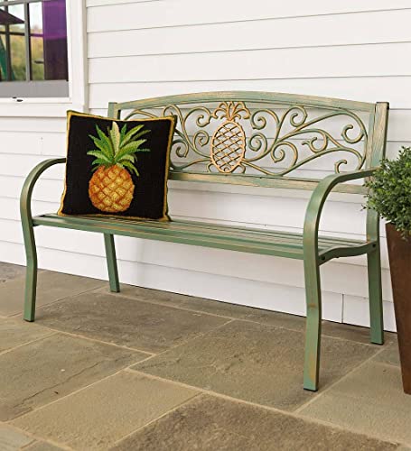 Plow & Hearth Weatherproof Pineapple Outdoor Bench | Holds Up to 300 lbs | Garden Patio Porch Park Deck | Metal | Green