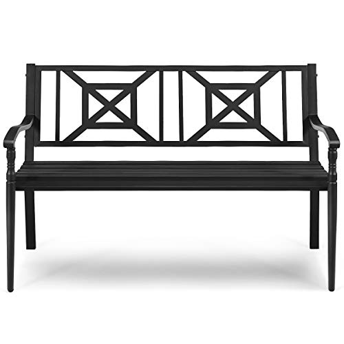 Safstar Outdoor Garden Bench, Metal Porch Bench Seat with Slated Seat & Decorative Backrest, 2-Person Loveseat for Patio Garden, Powder Coated Iron Frame, Patio Bench Front Door Bench for Outside