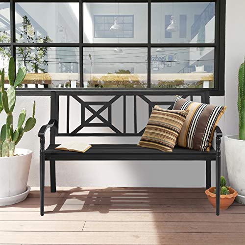 Safstar Outdoor Garden Bench, Metal Porch Bench Seat with Slated Seat & Decorative Backrest, 2-Person Loveseat for Patio Garden, Powder Coated Iron Frame, Patio Bench Front Door Bench for Outside