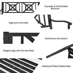 Safstar Outdoor Garden Bench, Metal Porch Bench Seat with Slated Seat & Decorative Backrest, 2-Person Loveseat for Patio Garden, Powder Coated Iron Frame, Patio Bench Front Door Bench for Outside