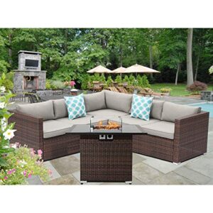 sunbury outdoor patio furniture 4-piece wicker sectional sofa w 36-inch square propane fire pit fire pit table(40,000 btu),internal tank storage,glass wind guard