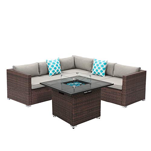 SUNBURY Outdoor Patio Furniture 4-Piece Wicker Sectional Sofa w 36-inch Square Propane Fire Pit Fire Pit Table(40,000 BTU),Internal Tank Storage,Glass Wind Guard