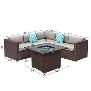 SUNBURY Outdoor Patio Furniture 4-Piece Wicker Sectional Sofa w 36-inch Square Propane Fire Pit Fire Pit Table(40,000 BTU),Internal Tank Storage,Glass Wind Guard