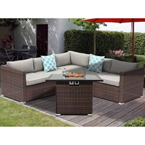 SUNBURY Outdoor Patio Furniture 4-Piece Wicker Sectional Sofa w 36-inch Square Propane Fire Pit Fire Pit Table(40,000 BTU),Internal Tank Storage,Glass Wind Guard