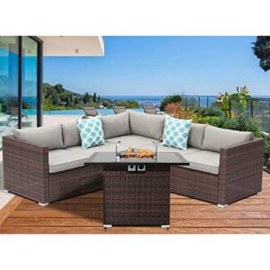 SUNBURY Outdoor Patio Furniture 4-Piece Wicker Sectional Sofa w 36-inch Square Propane Fire Pit Fire Pit Table(40,000 BTU),Internal Tank Storage,Glass Wind Guard