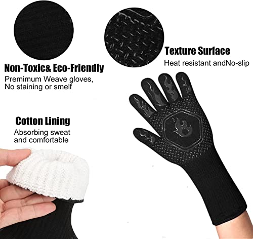 BBQ Fireproof Gloves - Grill Cut-Resistant Gloves 1472°F Extreme Heat Resistant, Silicone Non-Slip Oven Gloves for for Kitchen Garden BBQ Grilling and Outdoor Cooking Campfire