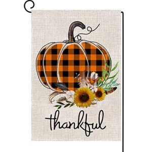 thankful pumpkin garden flag vertical double sided buffalo plaid burlap fall thanksgiving rustic farmhouse yard outdoor decoration 12.5 x 18 inch