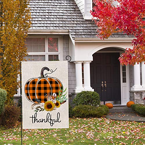 Thankful Pumpkin Garden Flag Vertical Double Sided Buffalo Plaid Burlap Fall Thanksgiving Rustic Farmhouse Yard Outdoor Decoration 12.5 x 18 Inch