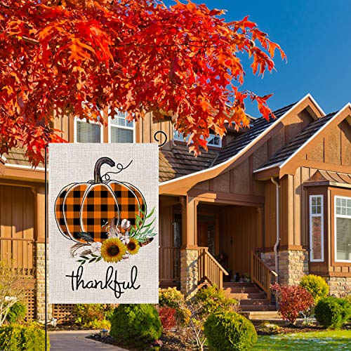 Thankful Pumpkin Garden Flag Vertical Double Sided Buffalo Plaid Burlap Fall Thanksgiving Rustic Farmhouse Yard Outdoor Decoration 12.5 x 18 Inch