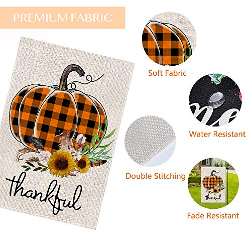 Thankful Pumpkin Garden Flag Vertical Double Sided Buffalo Plaid Burlap Fall Thanksgiving Rustic Farmhouse Yard Outdoor Decoration 12.5 x 18 Inch