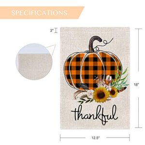 Thankful Pumpkin Garden Flag Vertical Double Sided Buffalo Plaid Burlap Fall Thanksgiving Rustic Farmhouse Yard Outdoor Decoration 12.5 x 18 Inch