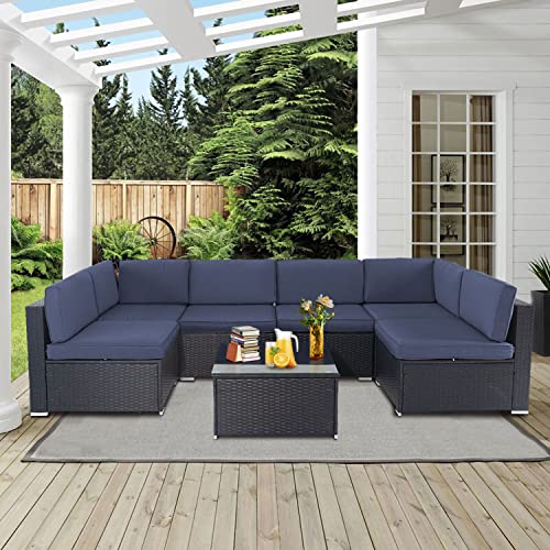 SUNCROWN 7-Piece Outdoor Patio Furniture Sofa Set All-Weather Wicker Sectional Cushioned Washable Seat Conversation Set with Modern Glass Coffee Table and Cushions (Dark Blue)